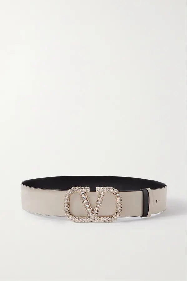 Valentino Garavani Vlogo Crystal-embellished Reversible Leather Belt - Ivory