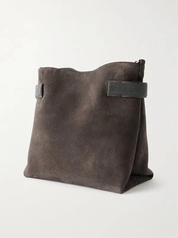 Brunello Cucinelli Bead-embellished Suede Shoulder Bag - Brown