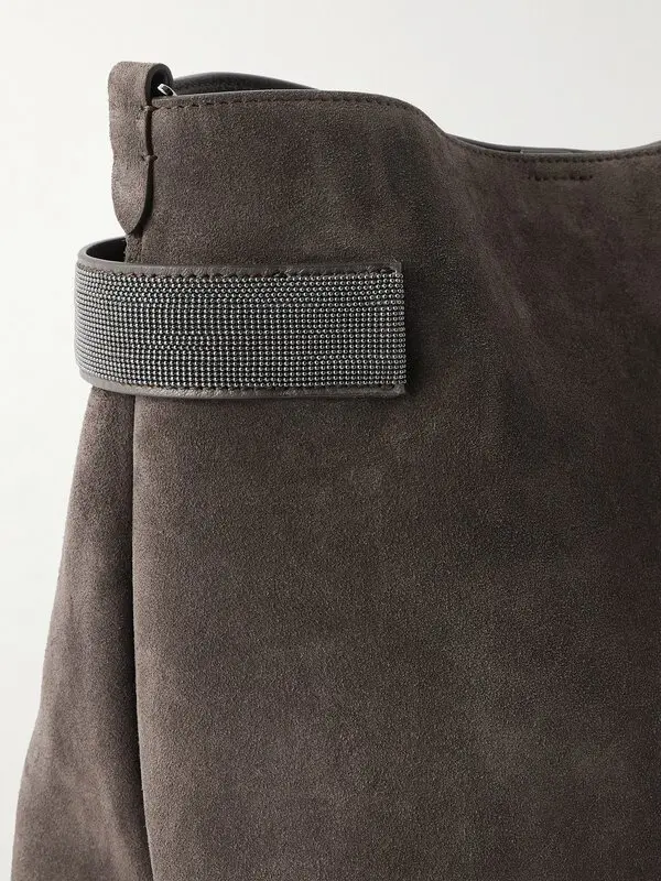 Brunello Cucinelli Bead-embellished Suede Shoulder Bag - Brown