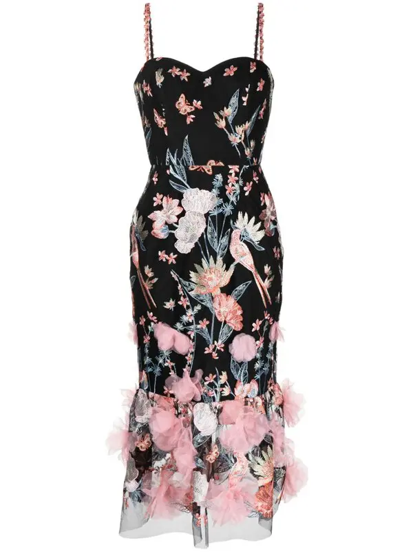 Marchesa Butterfly And Floral Appliqué Midi Dress - Black