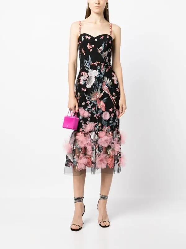 Marchesa Butterfly And Floral Appliqué Midi Dress