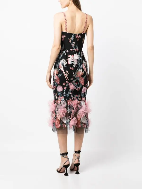 Marchesa Butterfly And Floral Appliqué Midi Dress