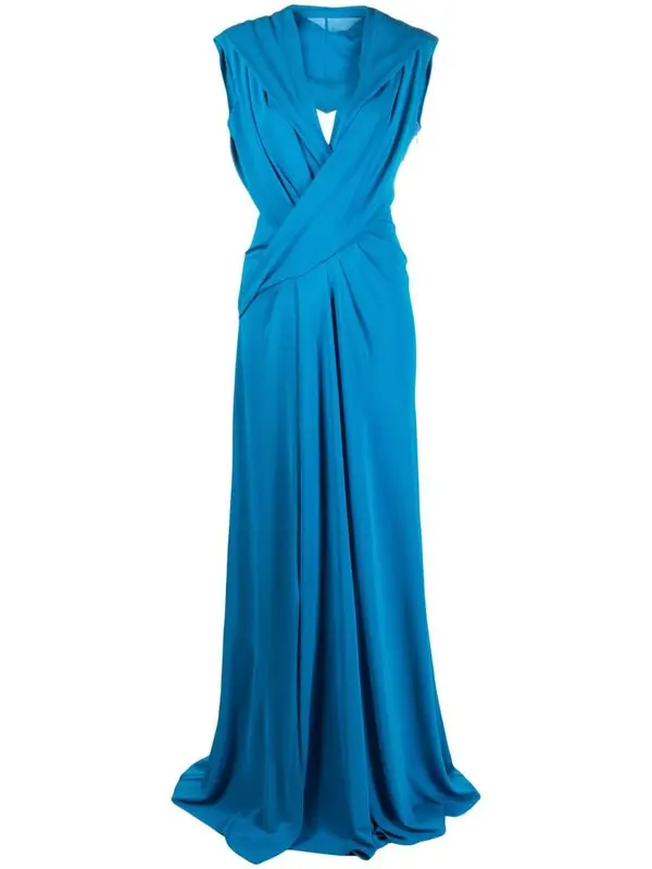 Alberta Ferretti Draped Open-back Slouch-hood Gown - Blue