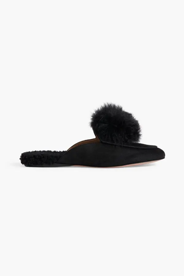 AQUAZZURA Foxy Pompomembellished Shearlinglined Suede Slippers