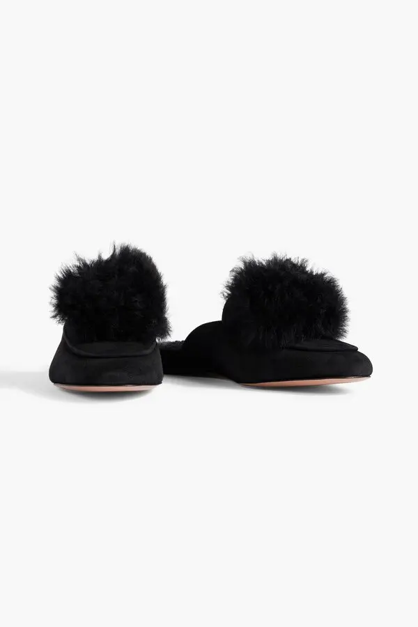 AQUAZZURA Foxy Pompomembellished Shearlinglined Suede Slippers