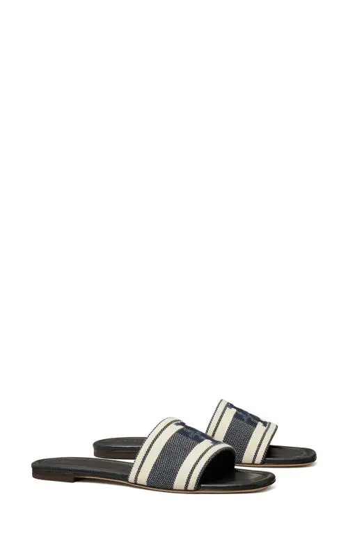 Tory Burch Double T Jacquard Slide Sandals - Blue Chiaro/ash White
