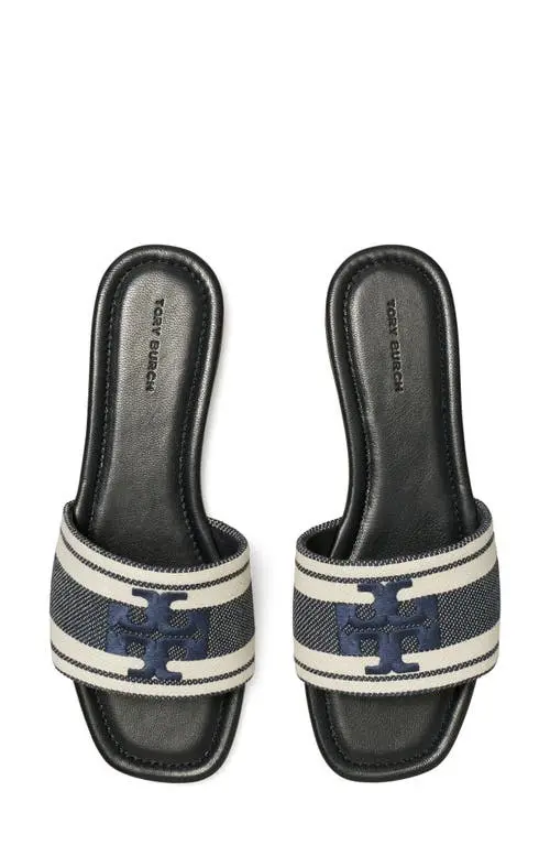 Tory Burch Double T Jacquard Slide Sandals - Blue Chiaro/ash White