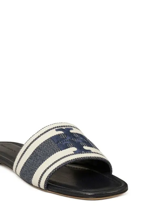 Tory Burch Double T Jacquard Slide Sandals - Blue Chiaro/ash White