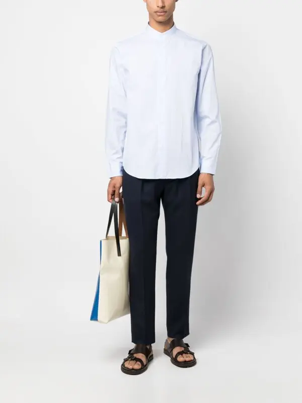 FURSAC Collarless Long-sleeve Cotton Shirt - Blue