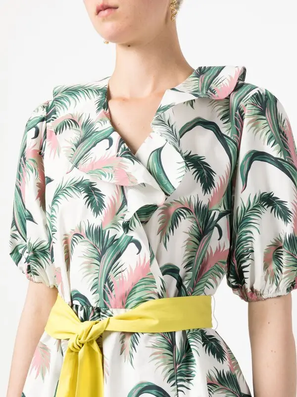 Maison Kitsuné Leaf-print Belted Wrap Dress