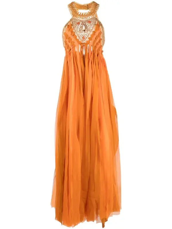 Alberta Ferretti Embellished Fringed Maxi Dress - Orange