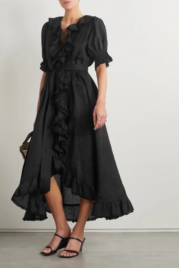 DÔEN Nanou Belted Ruffled Ramie Midi Dress