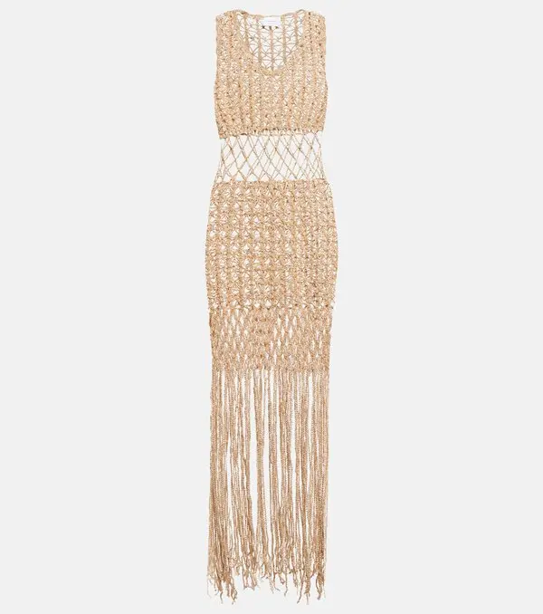 Anna Kosturova Fringe-trimmed Crochet Dress - Gold