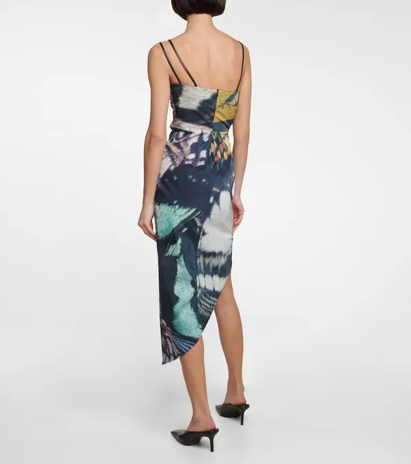 navy blue dress for baby girl ASOS DESIGN Tall satin drape asymmetric cutout midi dress in blue abstract  print main image 0