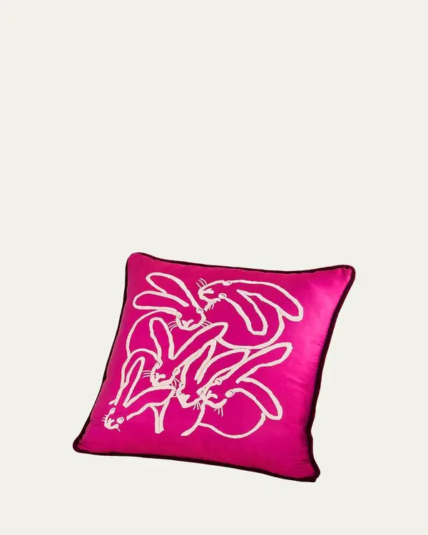 HUNT SLONEM Hand Embroidered Silk Bunny Pillow - Fuschia
