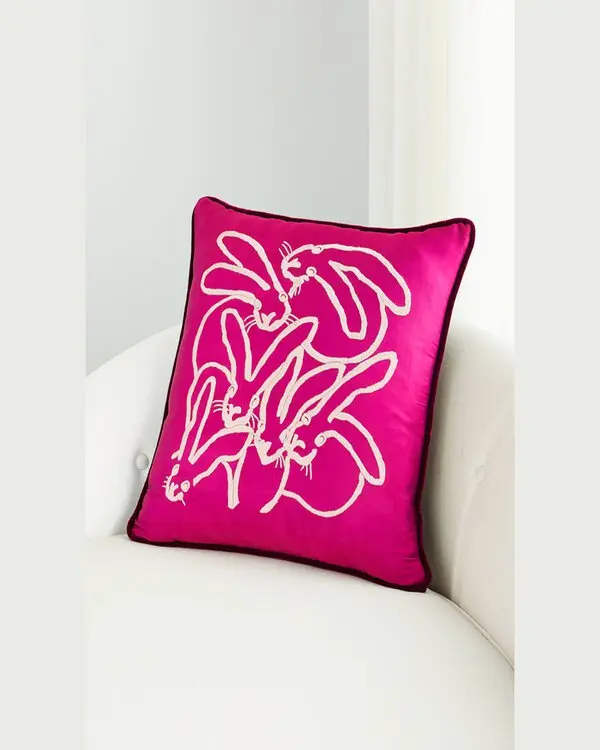 HUNT SLONEM Hand Embroidered Silk Bunny Pillow - Fuschia