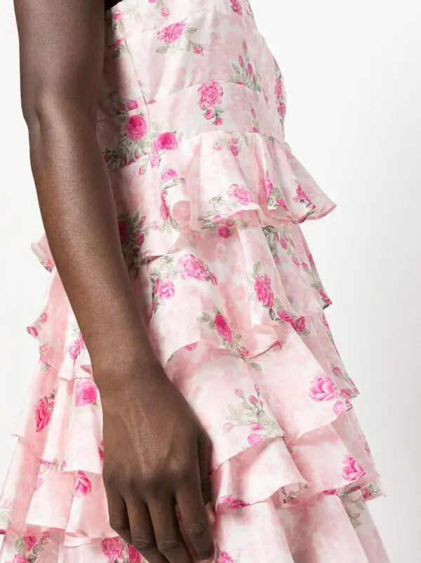knee length dresses for ladies Magenta Floral Print Satin Tiered Mini Dress