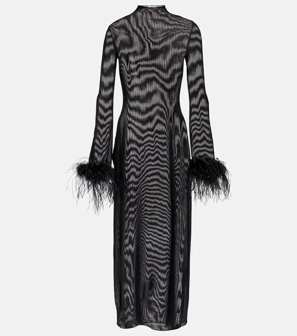 Oseree Lumière Feather Trim Midi Dress