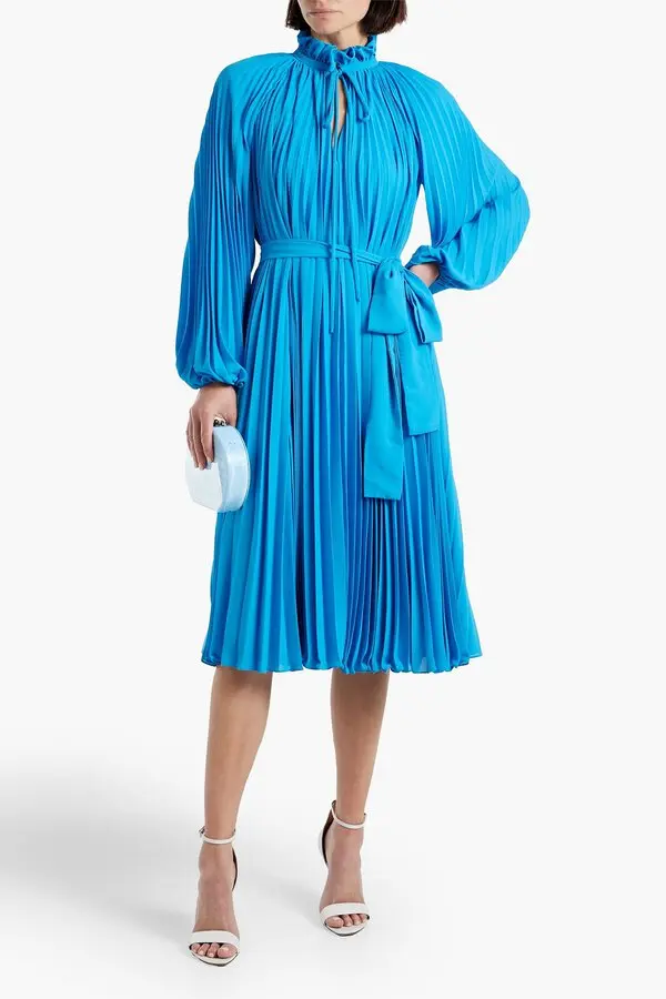 monique lhuillier tiered pleated dress Monique Lhuillier Monique Lhuilier Pleated Belted Crepe Midi Dress In Azure  - 85% Off