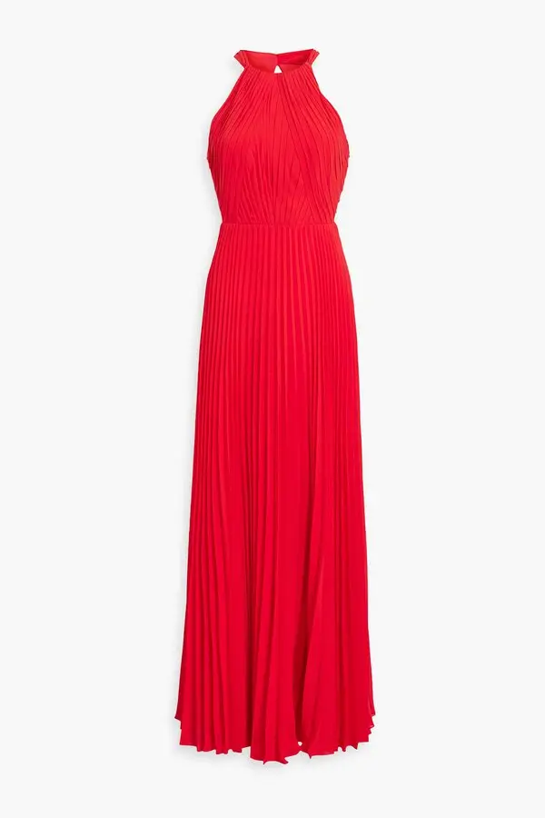 Monique Lhuillier Tied-detailed Pleated Chiffon Maxi Dress - Tomato Red