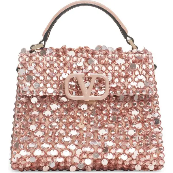 Valentino Garavani V Sling Top Handle Bag With Crystals And Paillettes - Mv6 Light Peach/rose Mist