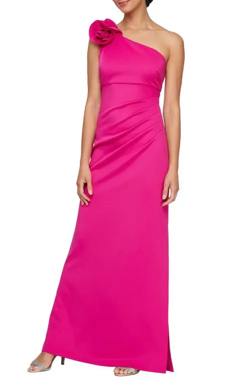 SL FASHIONS Floral Detail One-shoulder Gown - Fuchsia
