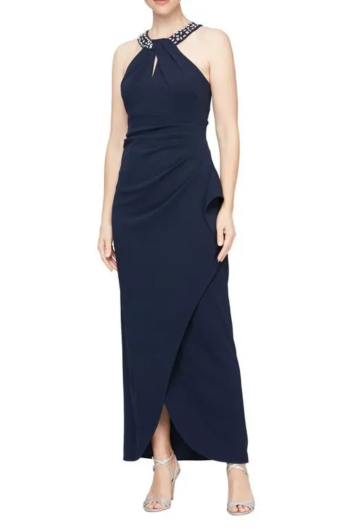 SL FASHIONS Crystal Embellished Halter Neck Tulip Maxi Dress - Navy