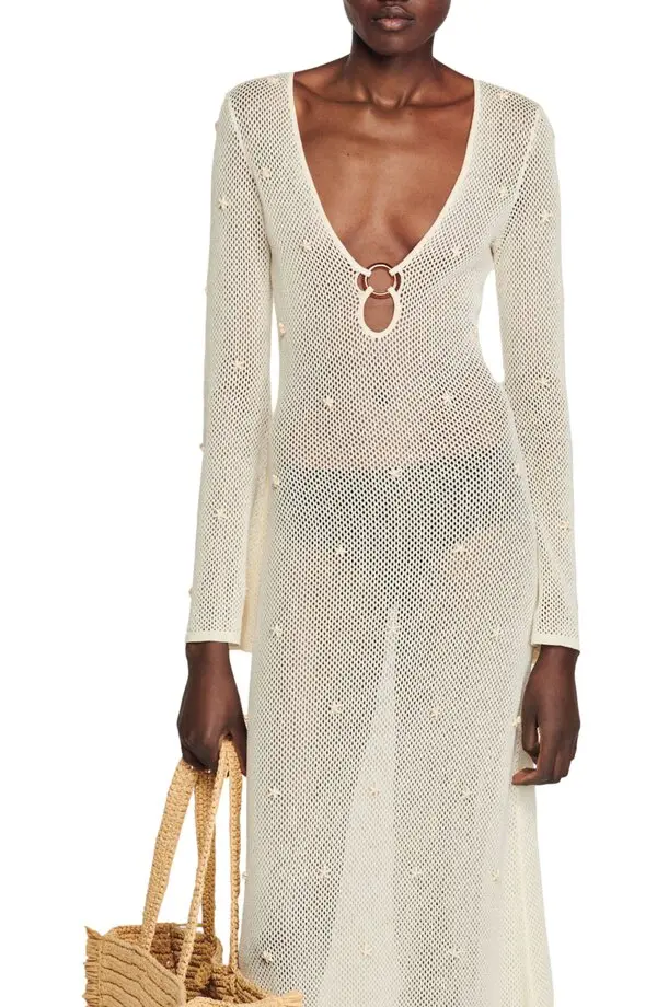 knee length dresses for ladies Women Mesh Sequins Maxi Dress Female Sexy V Neck Long Sleeve Split Fis   Hoobd