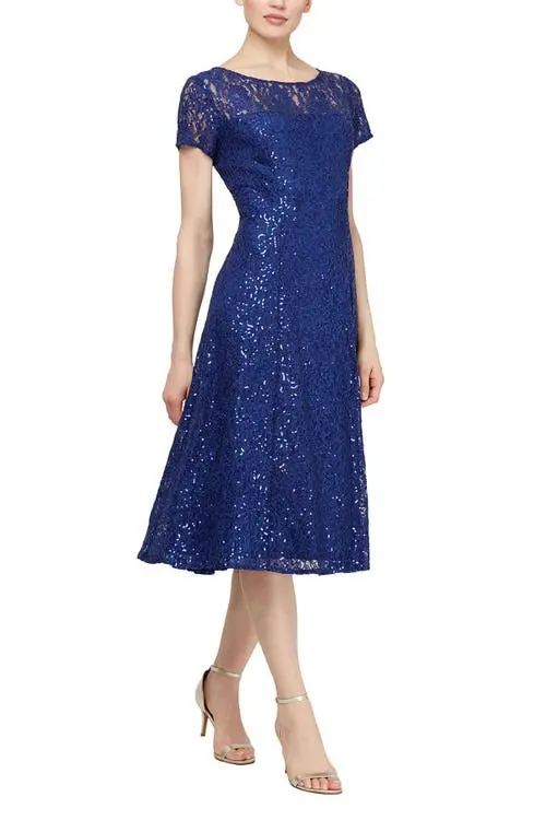 SL FASHIONS Cap Sleeve Metallic Lace Dress - Irs