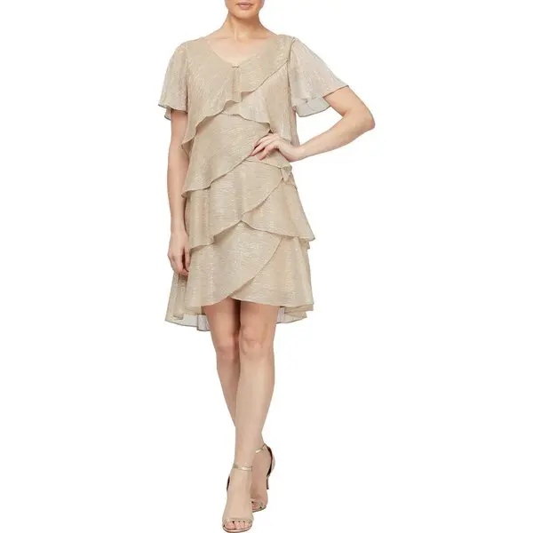 SL FASHIONS Tiered Shimmer Metallic Dress - Gld