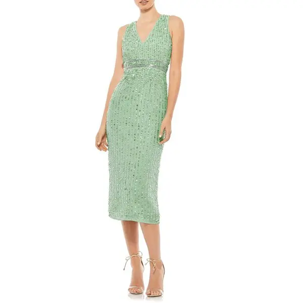 Mac Duggal Sequin Sleeveless Midi Cocktail Dress - Sage | Editorialist