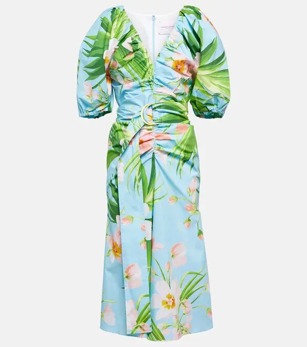 Carolina Herrera Puffed Printed Cotton-blend Midi Dress - Blue