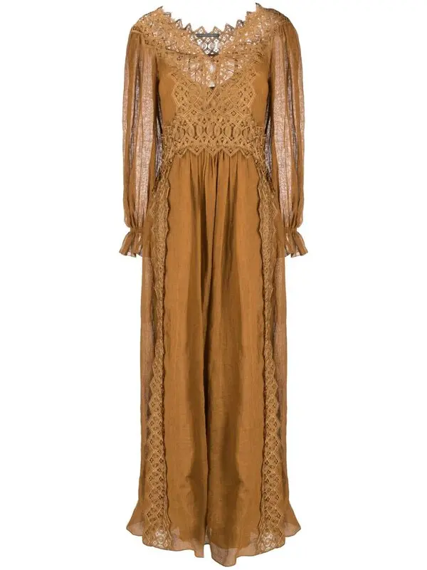 Alberta Ferretti Lace Linen Long Dress - Brown