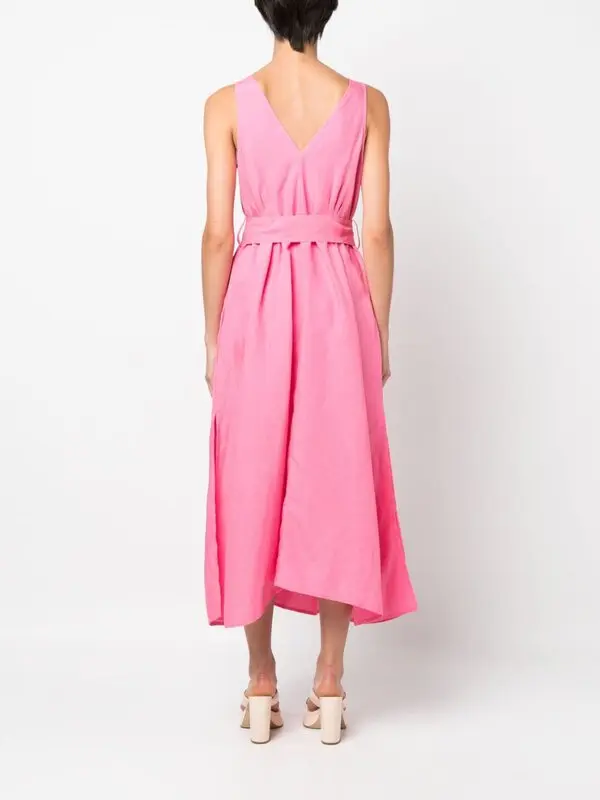 Closed Sleeveless V-neck Belted Dress