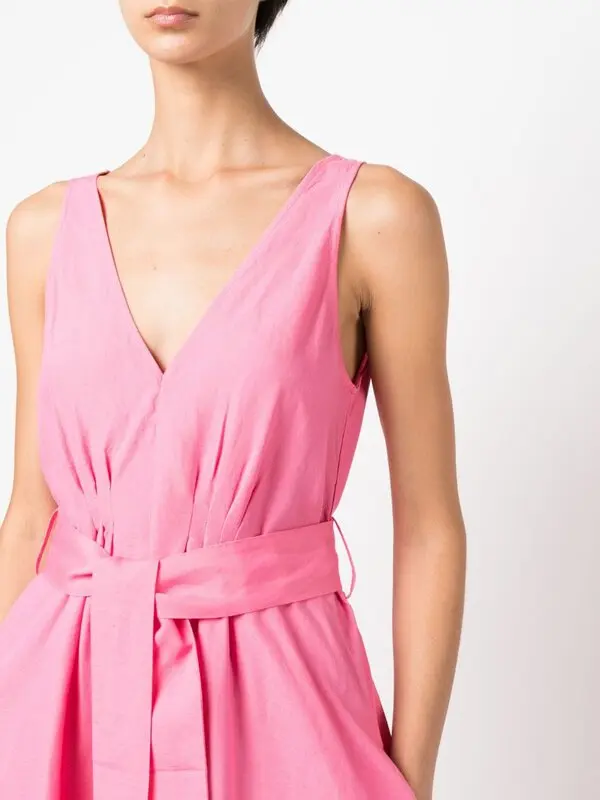 Closed Sleeveless V-neck Belted Dress