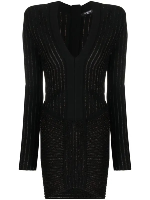Balmain Ribbed V-neck Mini Dress - Black