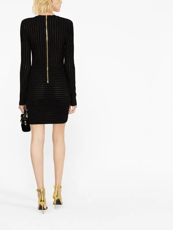 Balmain Ribbed V-neck Mini Dress - Black