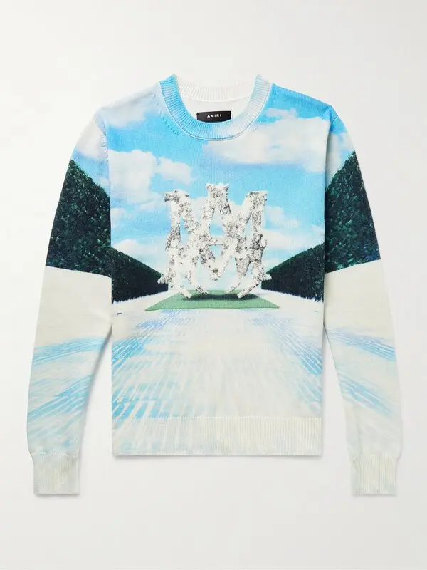 Amiri Printed Cotton And Cashmere-blend Sweater - Blue