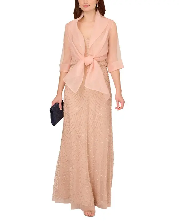 Adrianna Papell Organza Wrap Jacket With Tie Front - Blush