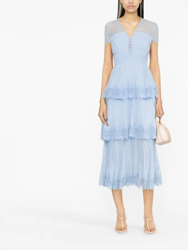 white christmas dresses Blue Chiffon Lace Tiered Midi Dress – self-portrait-US
