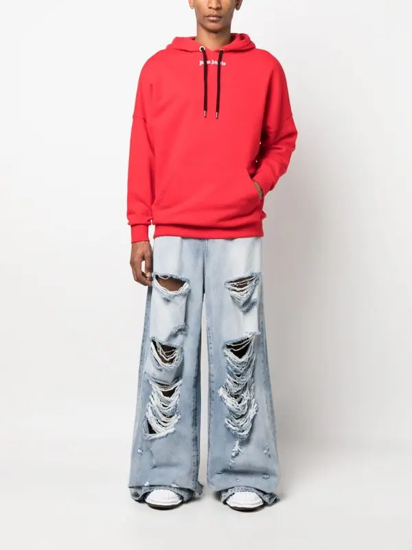 Palm Angels Logo Print Cotton Hoodie - Red