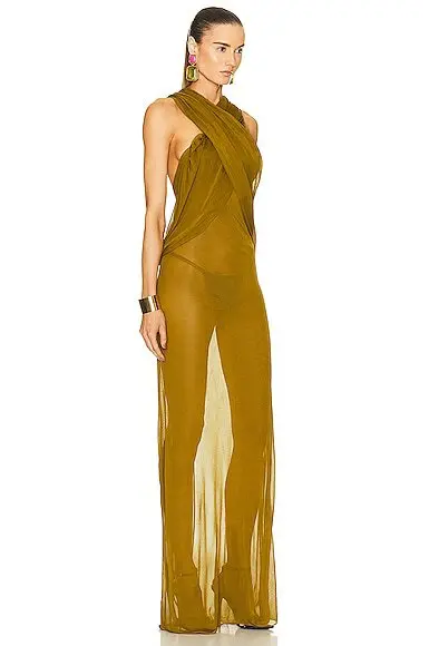 Saint Laurent Hooded Crepe Dress In Olive