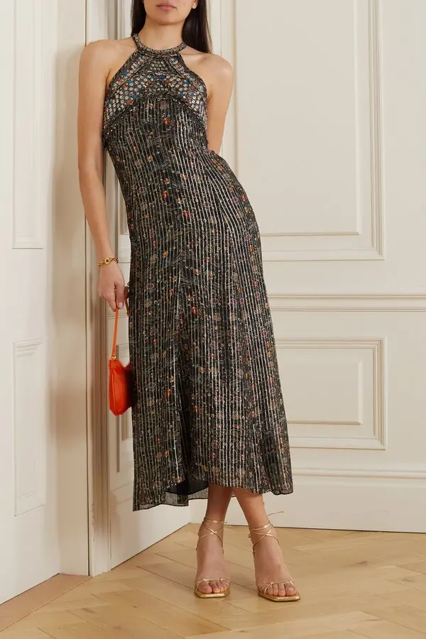 Isabel Marant Ophelie Embellished Metallic Printed Silk-Blend Chiffon Midi  Dress In Black - 40% Off