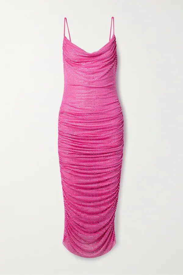 Self-Portrait Ruched Crystal-Embellished Mesh Midi Dress In Pink - 60% Off  | Editorialist