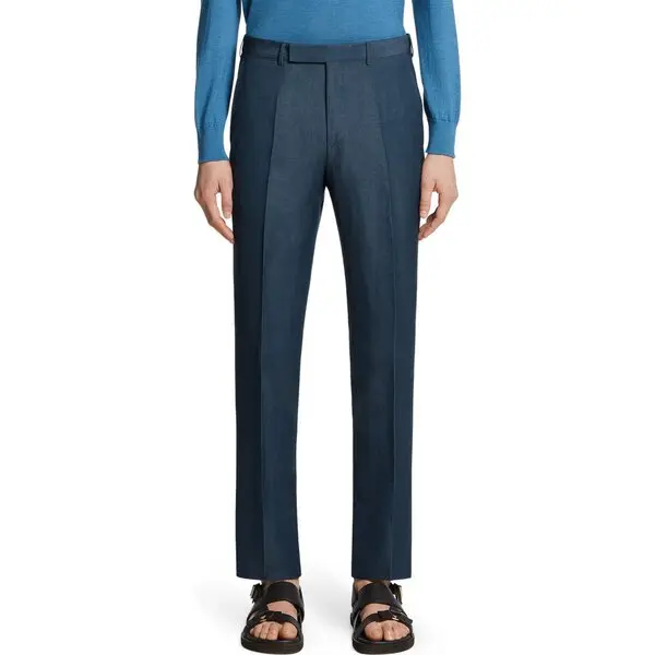 Zegna Trofeo Wool And Linen Slim Fit Pants - Dark Teal Blue
