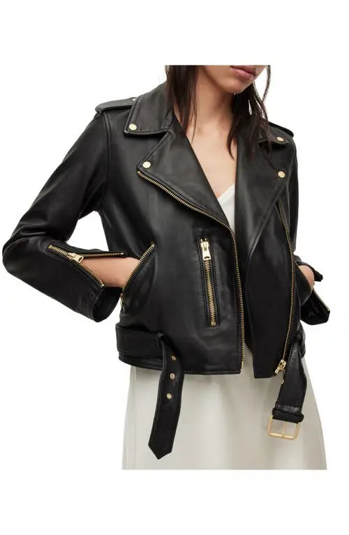 ALLSAINTS Balfern Sheepskin Leather Biker Jacket - Black/gold