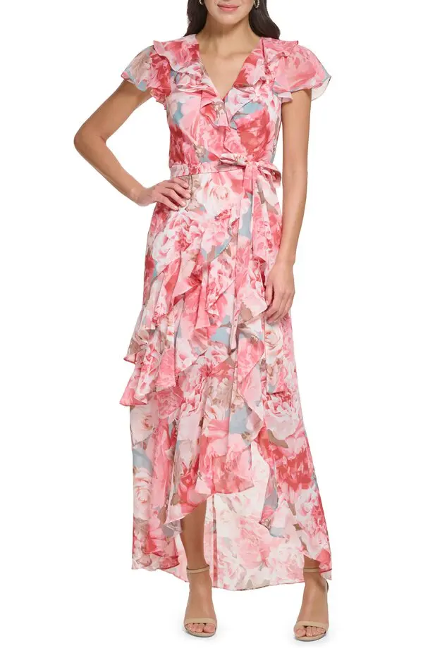 eliza j faux wrap maxi dress Eliza J | Dresses | Eliza J Faux Wrap Maxi Dress Size 4 Pink Navy High Low  Chiffon Flutter Sleeves