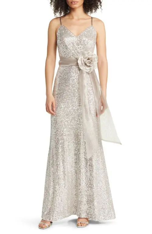 Eliza J Organza Flower Sequin Gown