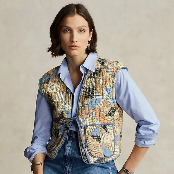 Ralph Lauren Reversible Quilted Cotton Vest In Patchwork/Chambray