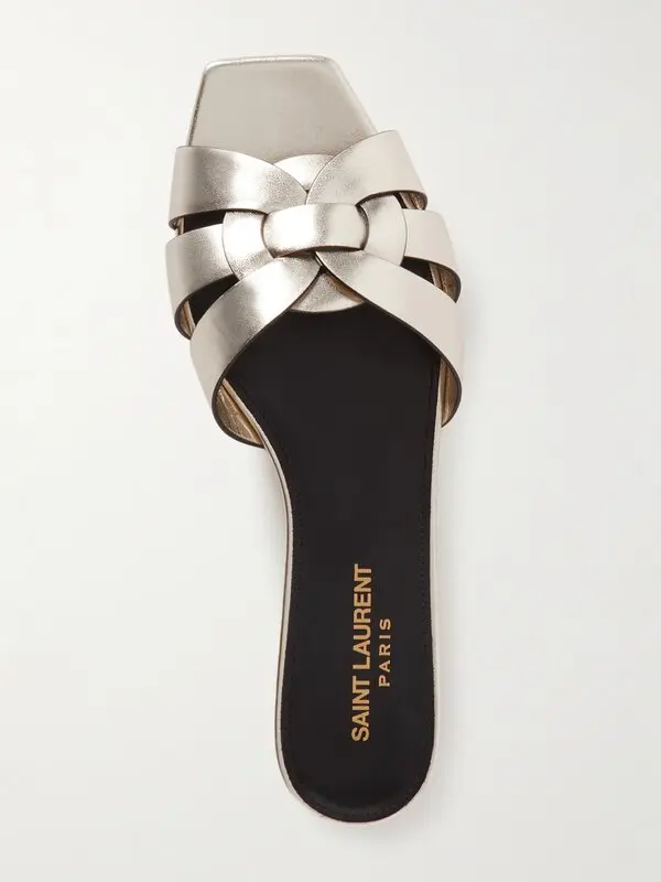 Saint Laurent Tribute Woven Metallic Leather Slides - Silver